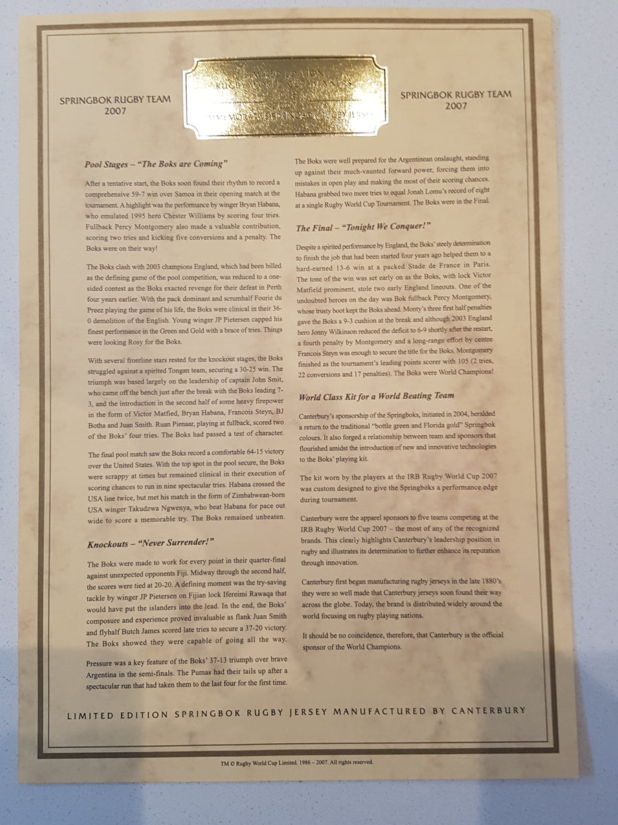 Springbok Rugby Jersey - Limited Commemorative Edition incl Cap discou ...